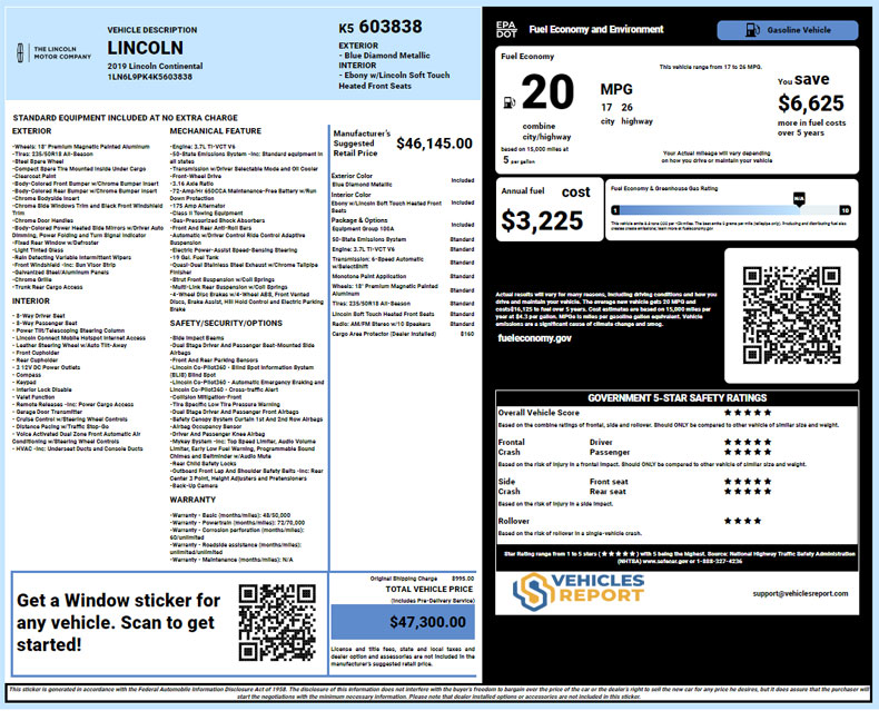 Lincoln Window Stickers Lookup by VIN Number & License Plate